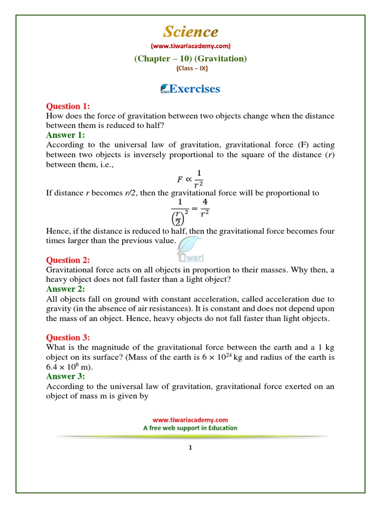 9 Science NcertSolutions Chapter 10 Exercises | PDF | Gravity | Weight