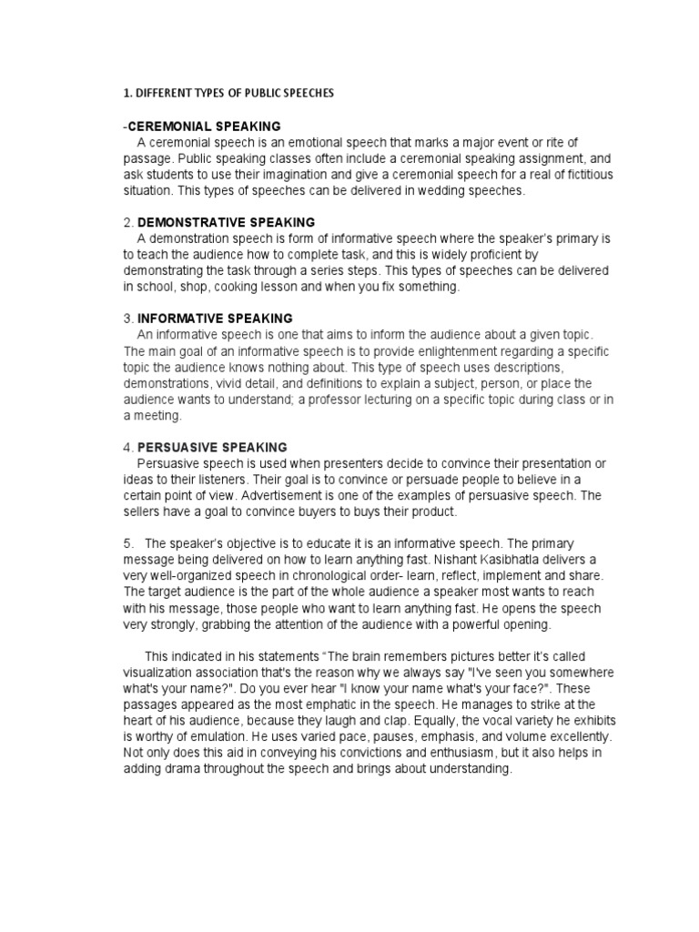 Different Types of Public Speeches Explained | PDF | Speech | Persuasion