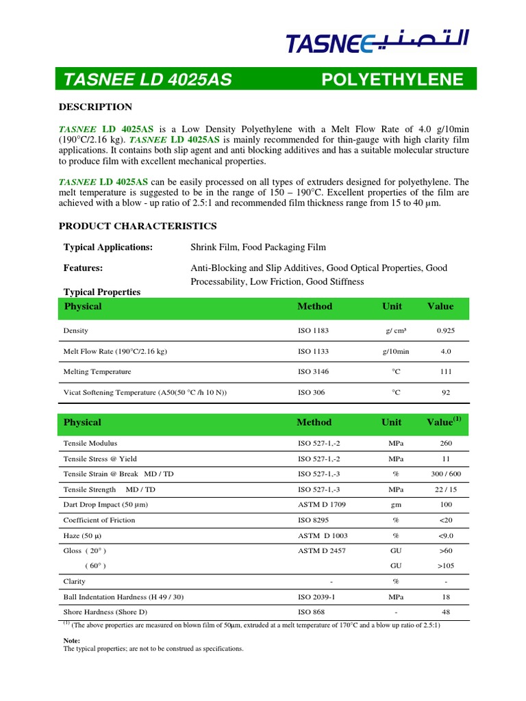 Tasnee LD 4025AS Polyethylene Overview | PDF | Polyethylene | Strength ...
