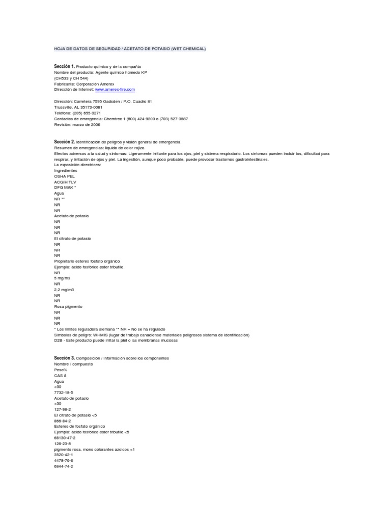 Msds Acetato de Potasio | PDF | Agua | Química