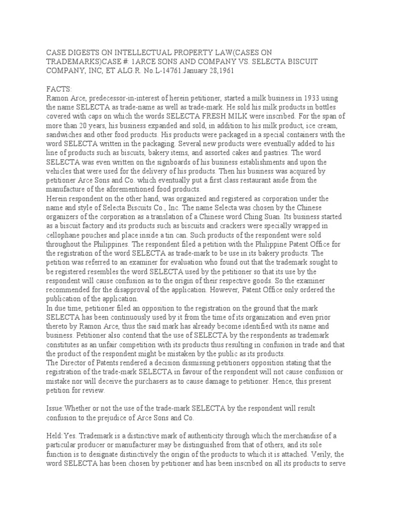 Case Digests On Intellectual Property Law | PDF | Trademark | Appeal