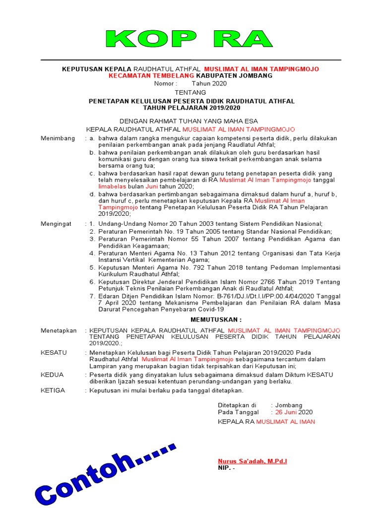 Contoh - SK Kelulusan Siswa RA Tahun 2019-2020 | PDF | Karier & Perkembangan
