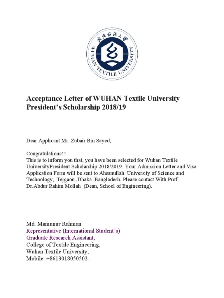 Acceptance Letter of WUHAN Textile University President | PDF