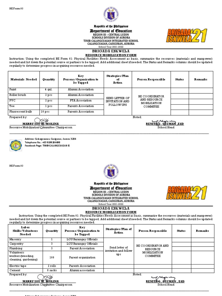 BE Form 3-RESOURCE MOBILIZATION | PDF