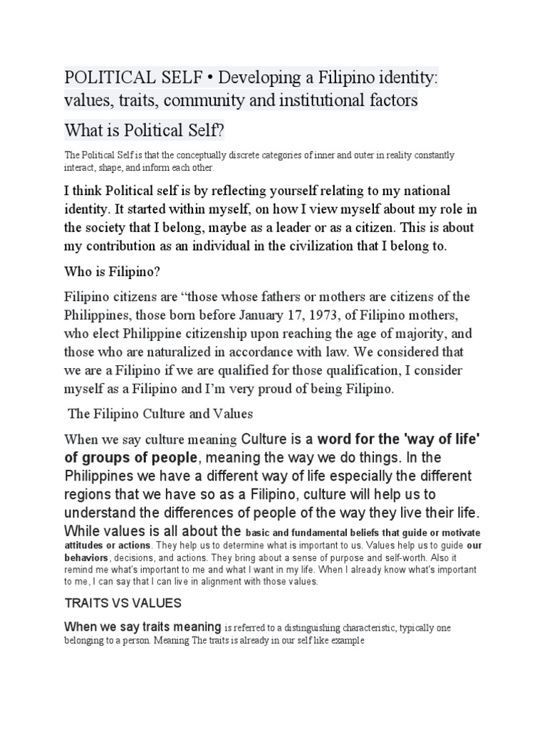 POLITICAL SELF - Developing A Filipino Identity: Values, Traits ...