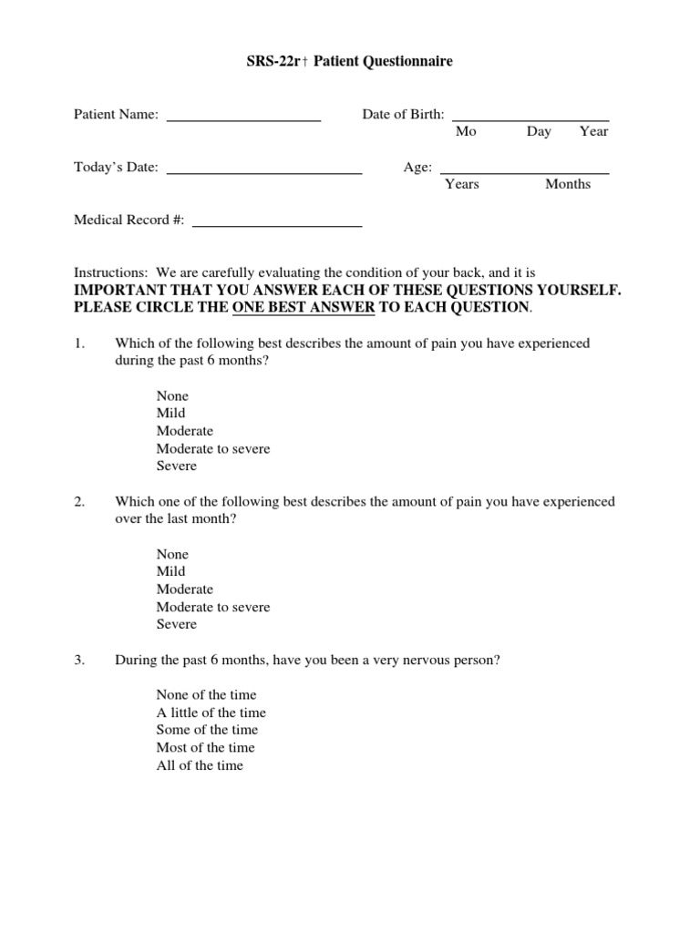 SRS-22r Patient Questionnaire | PDF | Pain | Health Care