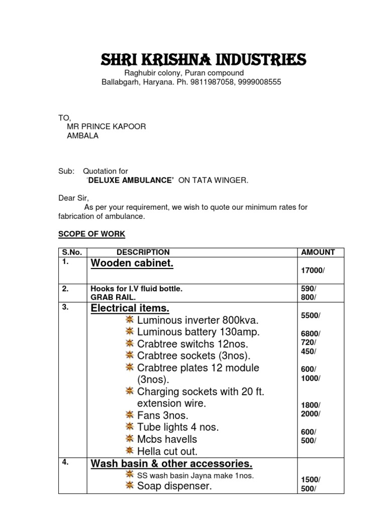 WingerAmbulance Quotation | PDF | Ambulance | Manufactured Goods