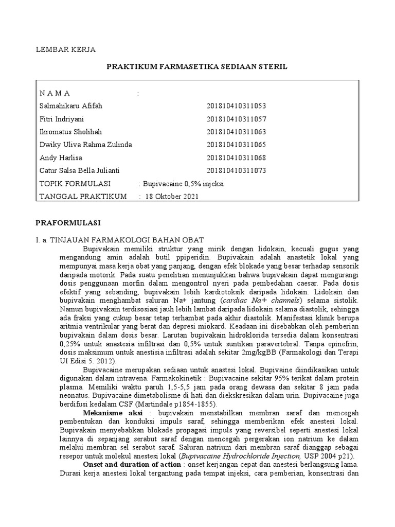 Analisis Formulasi Sediaan Steril Bupivacaine 0,5% Injeksi | PDF
