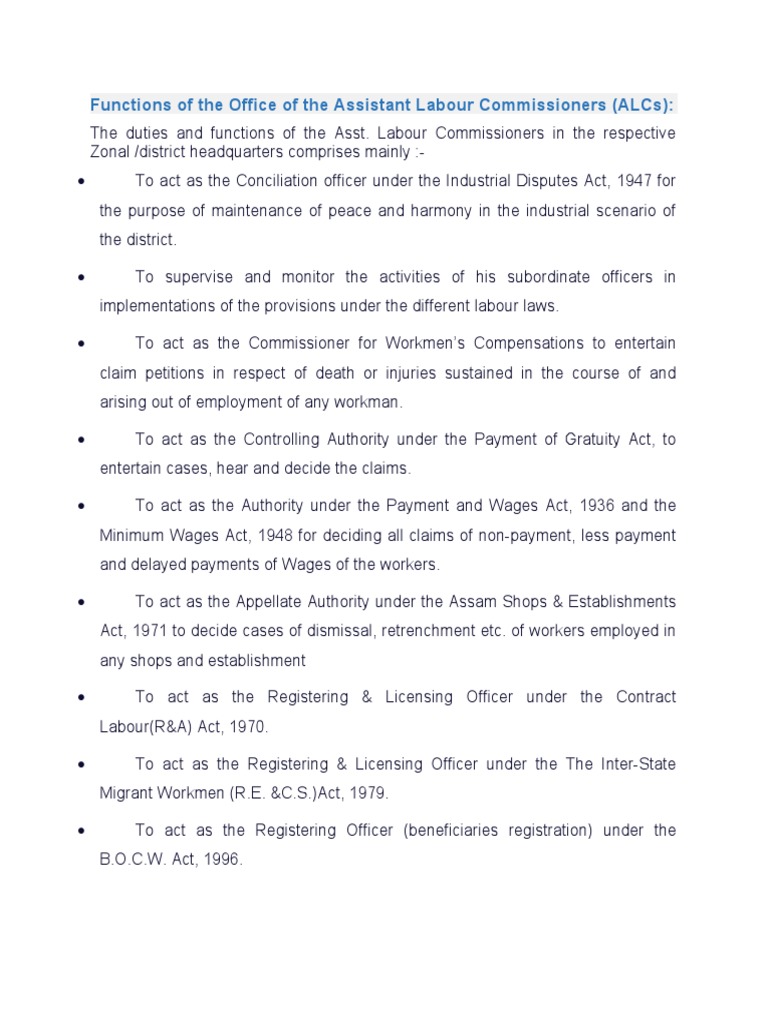 Functions of The Office of The Assistant Labour Commissioners ...