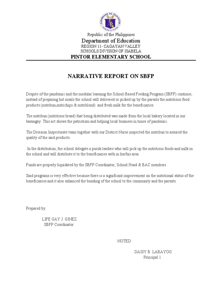 Narrative Report On SBFP: Department of Education | PDF
