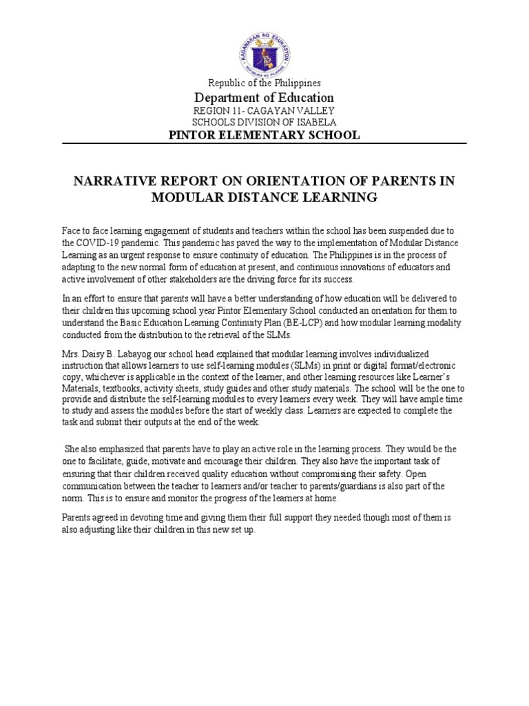 Narrative Report On Orientation of Parents | Download Free PDF ...