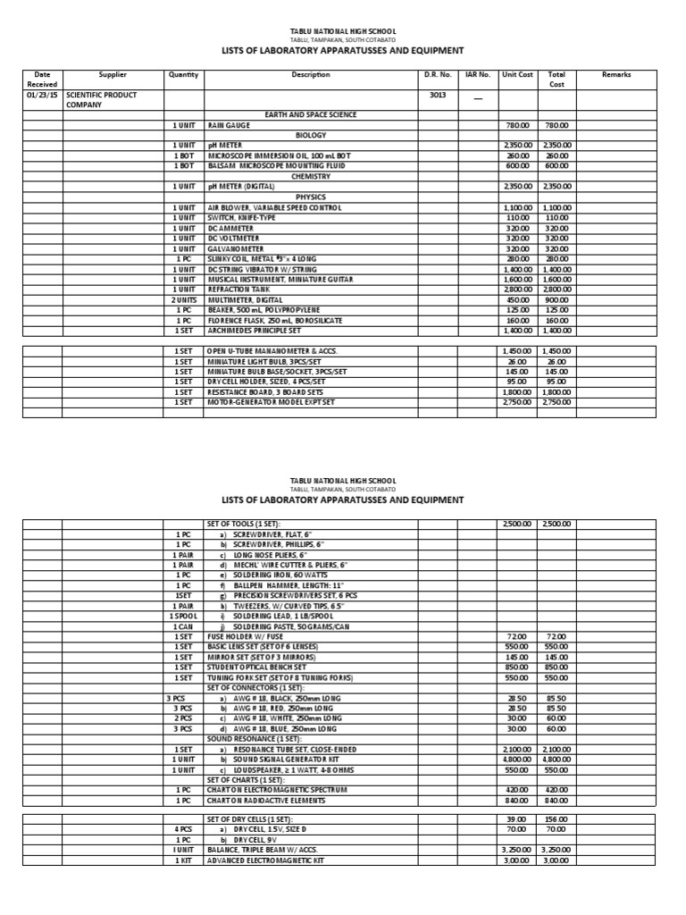 Lists of Laboratory Apparatusses and Equipment | PDF | Equipment | Tools