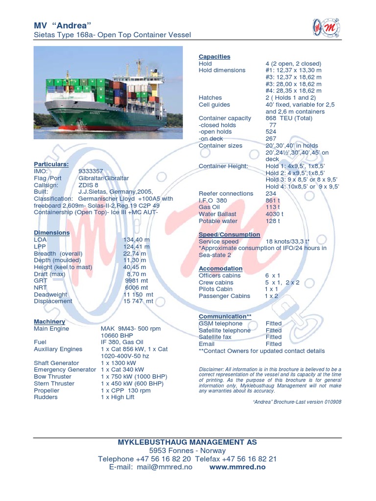 MV "Andrea": Sietas Type 168a-Open Top Container Vessel | PDF ...
