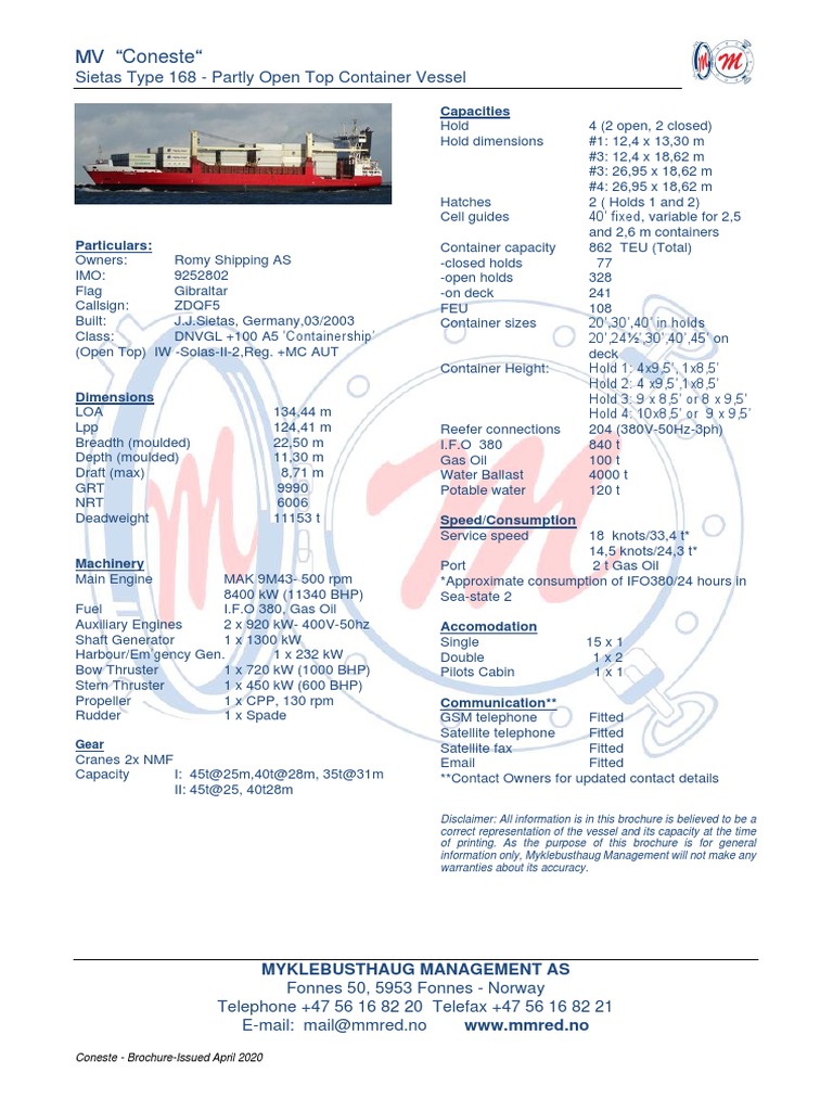MV "Coneste": Sietas Type 168 - Partly Open Top Container Vessel | PDF ...