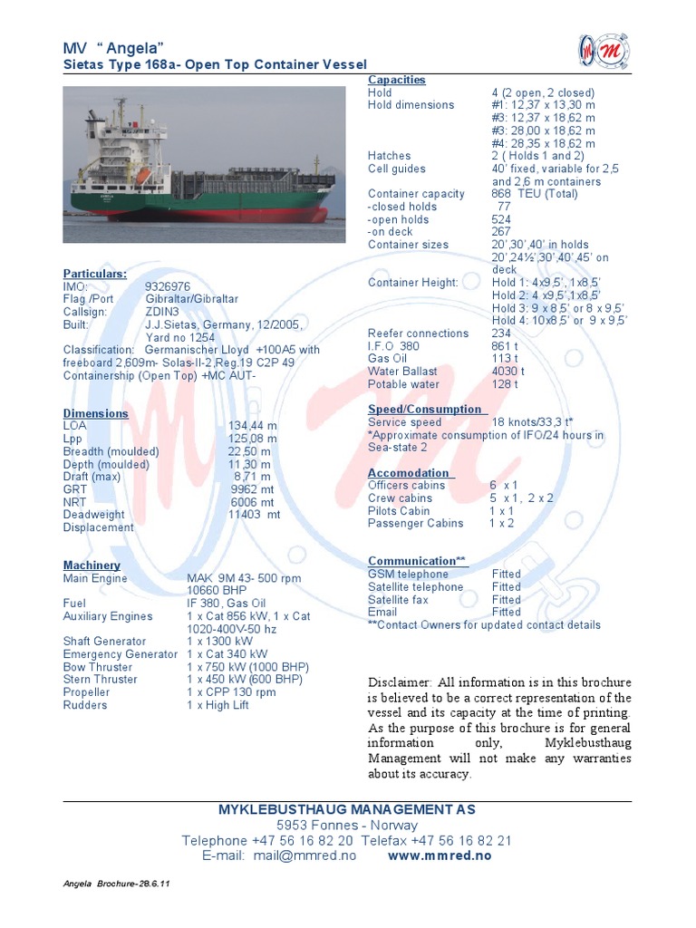 MV " Angela": Sietas Type 168a-Open Top Container Vessel | PDF | Ships ...
