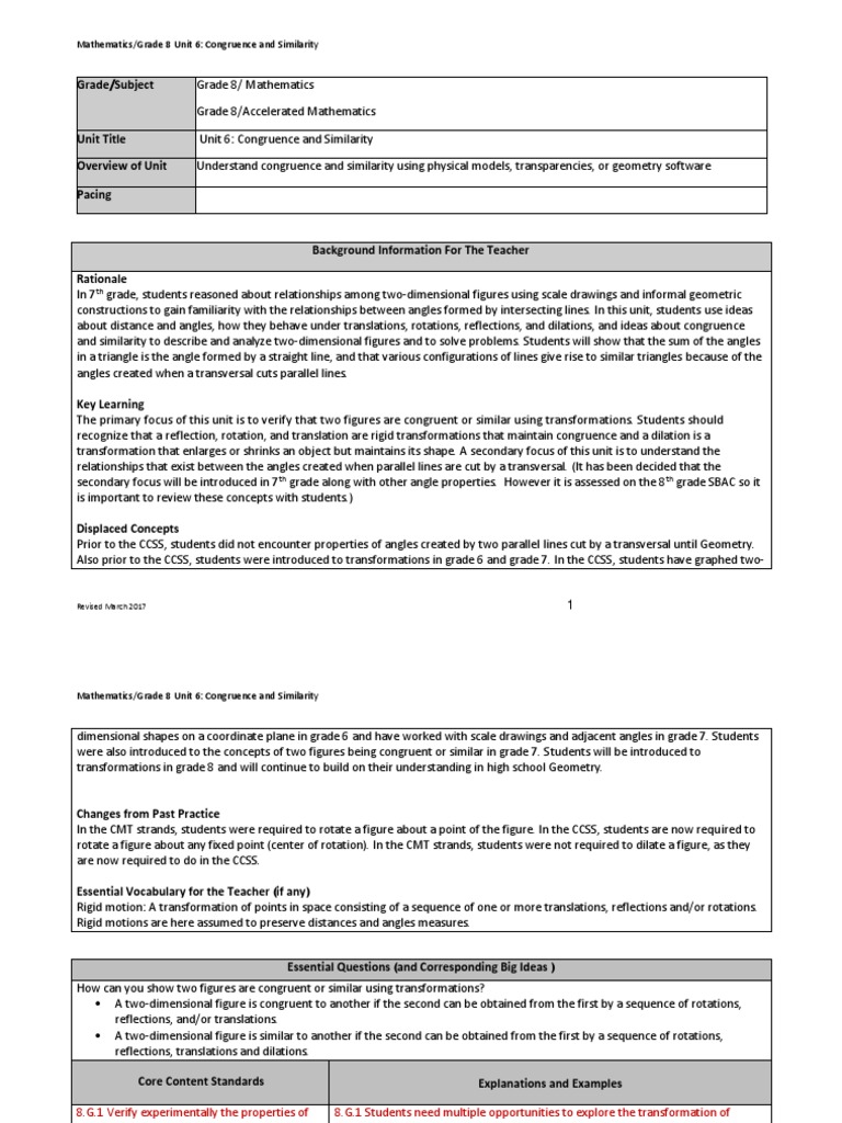 Grade/Subject: Mathematics/Grade 8 Unit 6: Congruence and Similarity ...