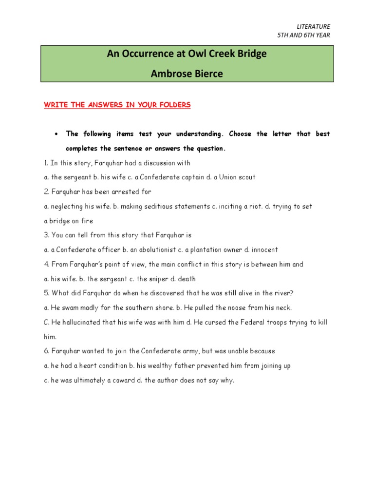 An Occurrence at Owl Creek Bridge - SPECIAL - ASSIGNMENT | PDF