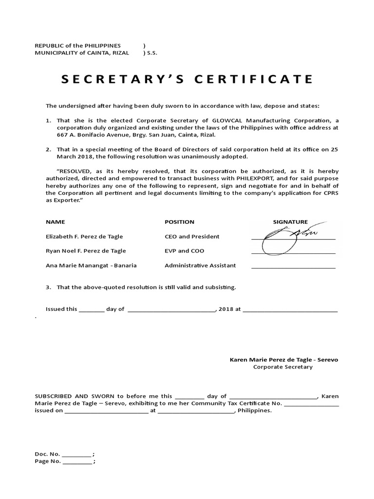 Secretary'S Certificate: Name Position Signature | PDF | Notary Public ...