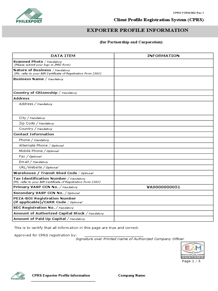 CPRS Exporter Profile Registration Form | PDF | Fax | Notary Public
