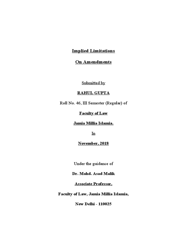 Implied Limitations O N Amendments: Submitted by | PDF | Political ...
