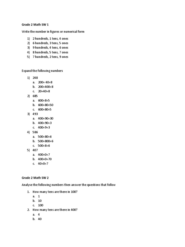 Grade 2 Math SW 1 | PDF | Numbers | Mathematics