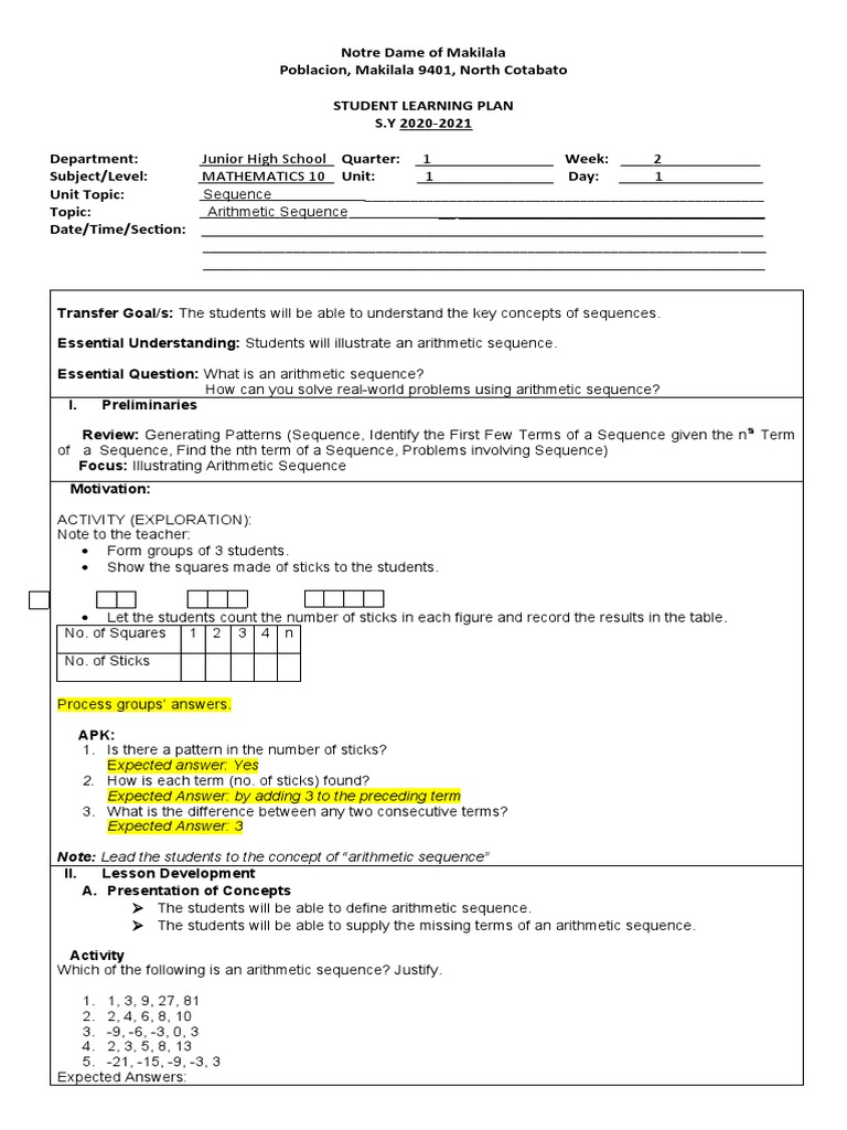 Arithmetic Sequence Lesson Plan | PDF | Arithmetic | Education Theory