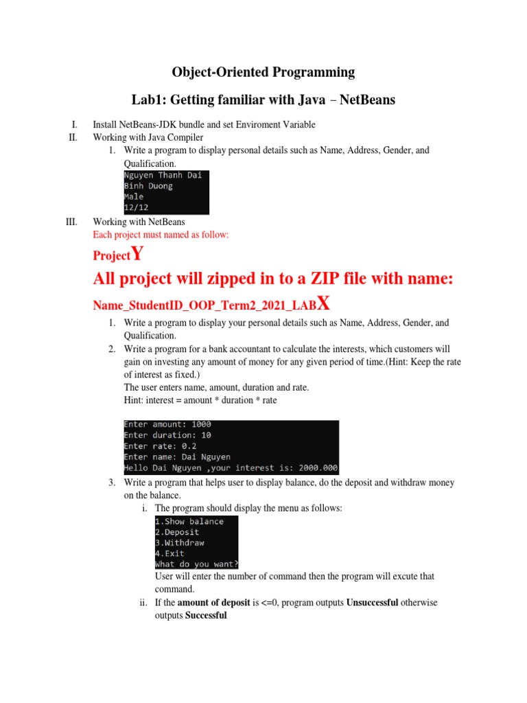 All Project Will Zipped in To A ZIP File With Name:: Object-Oriented Programming Lab1: Getting ...