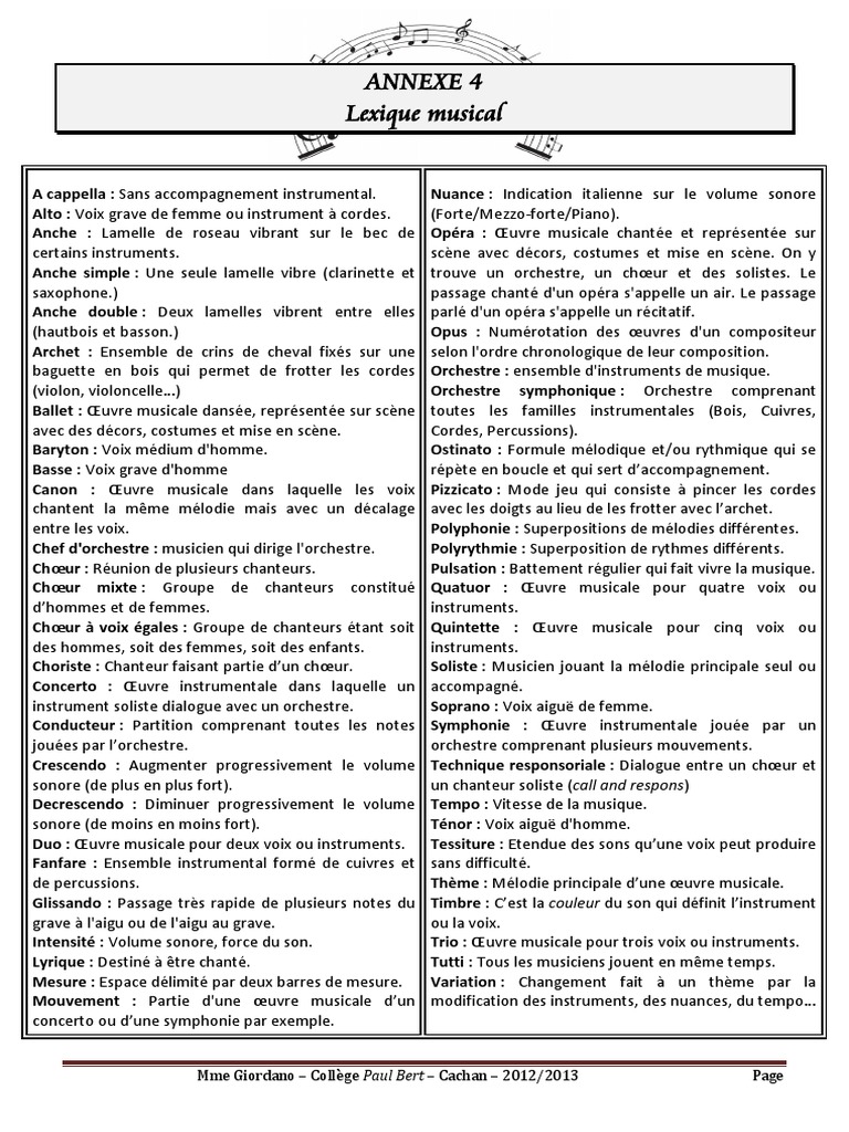 Annexe 4 Lexique Musical | PDF | Orchestre | Chant
