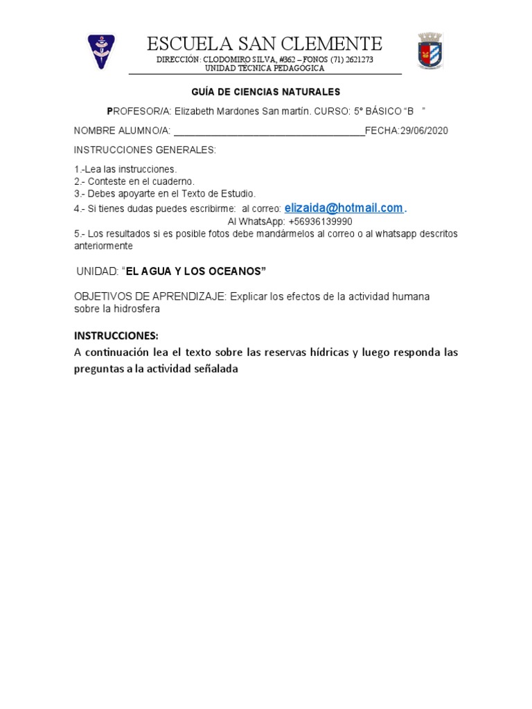 GUIA DE CIENCIAS NATURALES 5TO BASICO Recursos Hidricos-1 | PDF