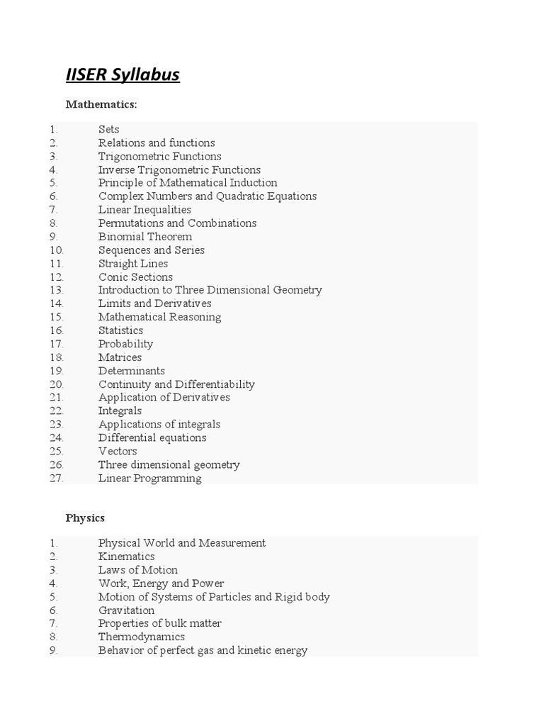 IISER Syllabus: Mathematics | PDF | Chemistry | Electromagnetic Radiation