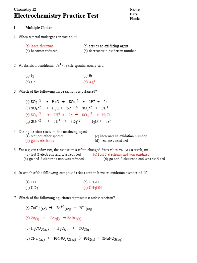 Electrochemistry Practice Test | PDF | Redox | Electrochemistry