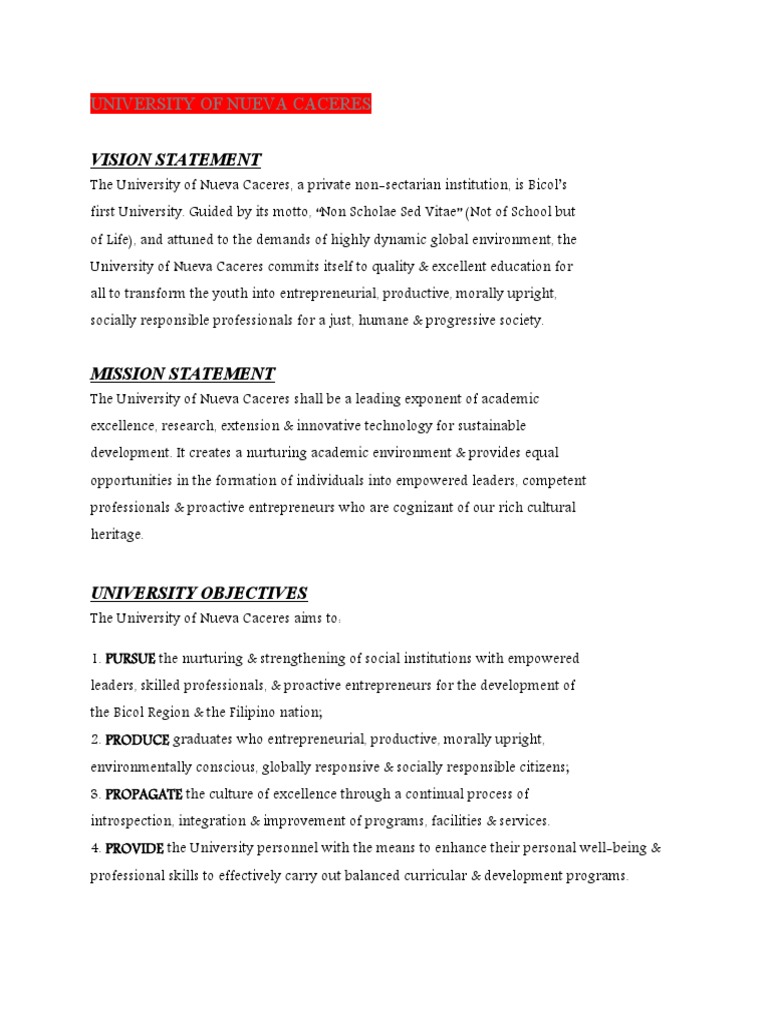 Vision Statement: University of Nueva Caceres | PDF | Entrepreneurship ...