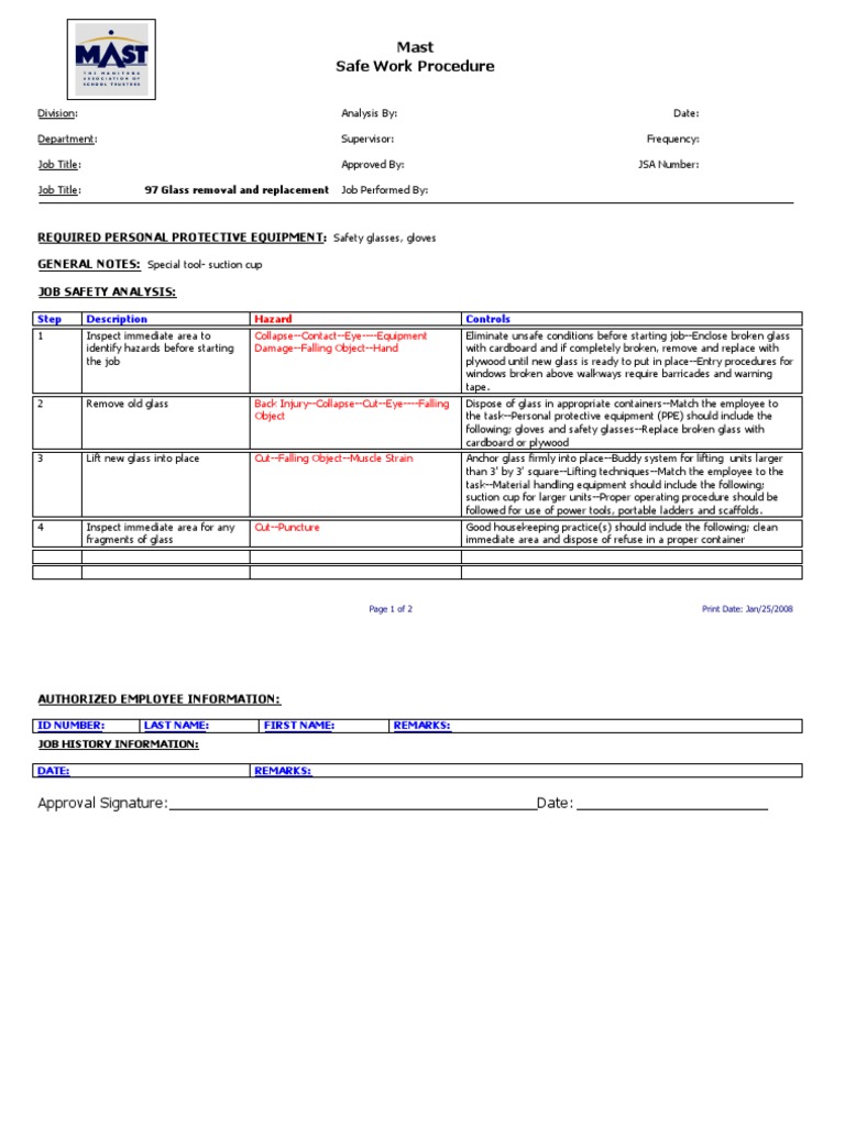 Glass Removal and Replacement: A Safe Work Procedure for Analyzing Job ...
