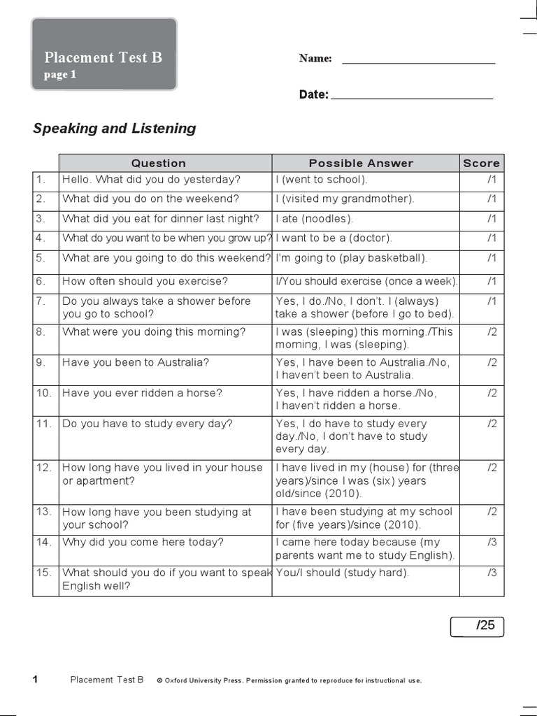 Placement Test B: Speaking and Listening | PDF