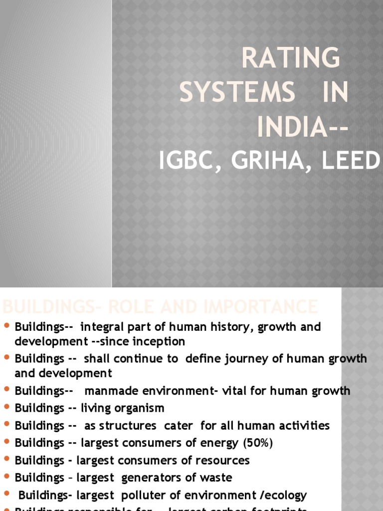 Rating Systems in India - : Igbc, Griha, Leed | PDF | Green Building ...