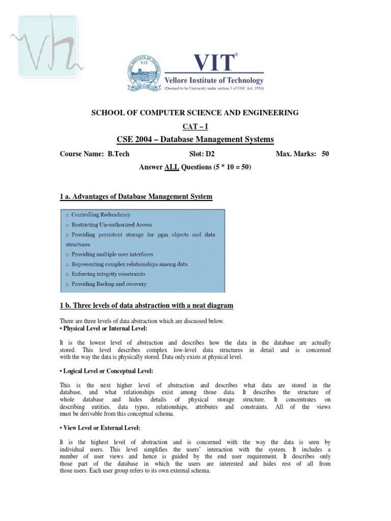 School of Computer Science and Engineering: CSE 2004 - Database Management Systems | PDF ...