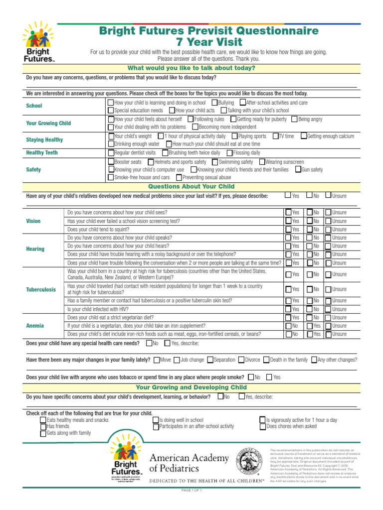 Bright Futures Previsit Questionnaire 7 Year Visit | PDF | Tuberculosis ...