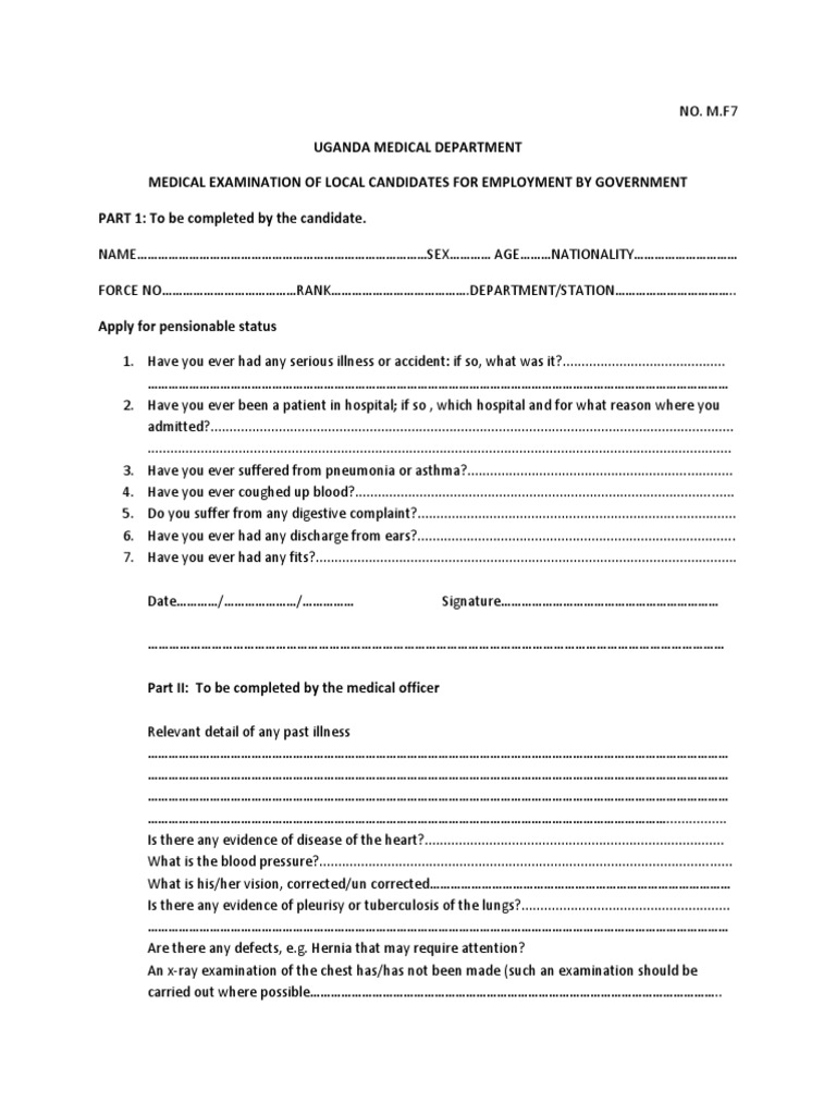Uganda Employment Medical Form | PDF | Medicine | Diseases And Disorders