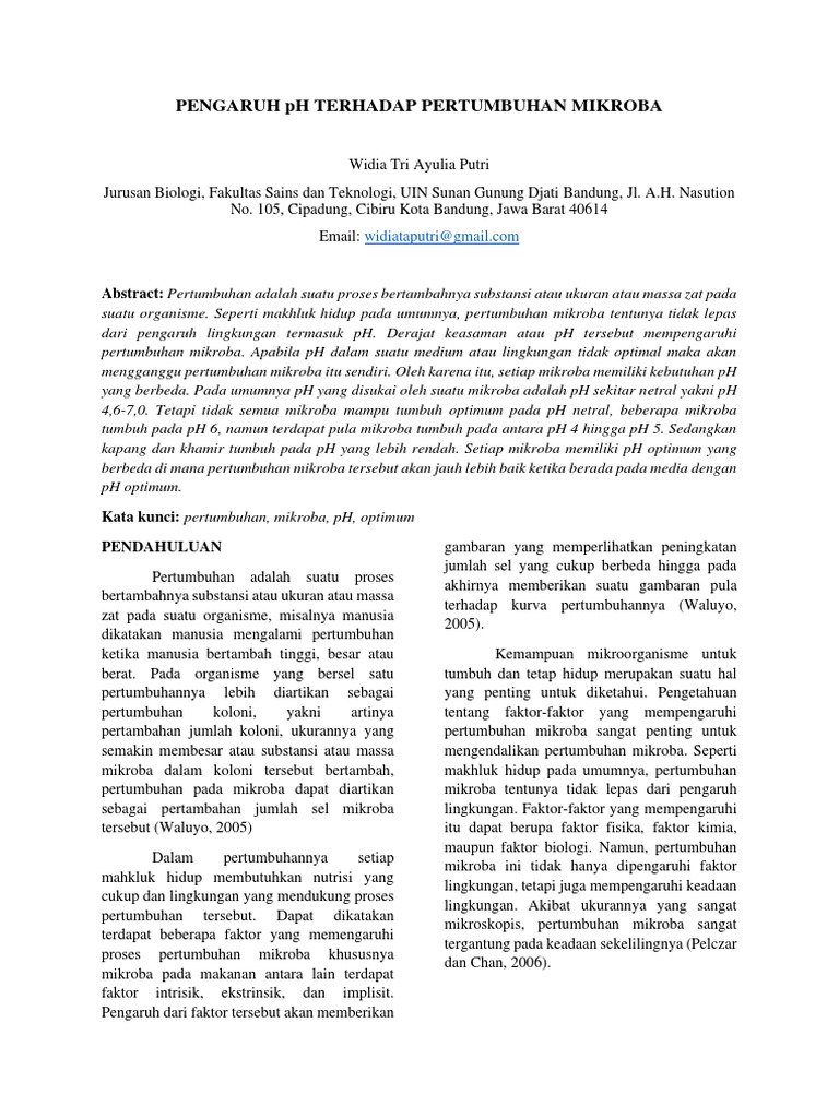 Widia Tri Ayulia Putri (1207020084) - Jurnal Pengaruh PH Terhadap Pertumbuhan Mikroba | PDF