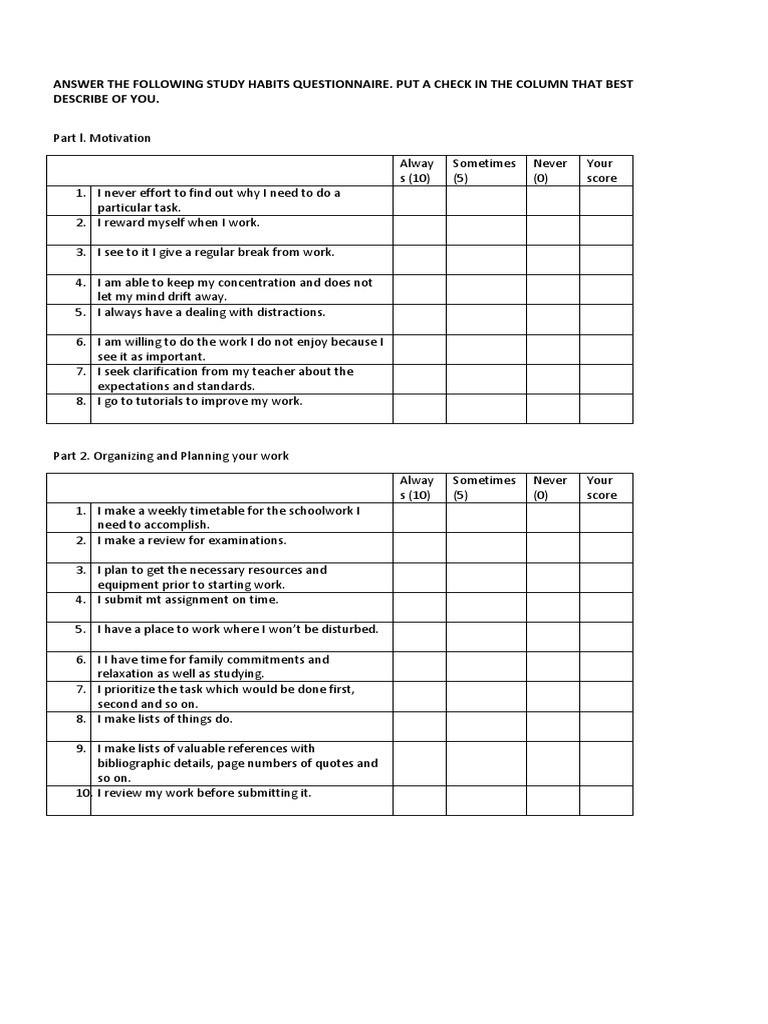 Study Habits Questionnaire Results and Analysis | PDF | Essays | Motivation