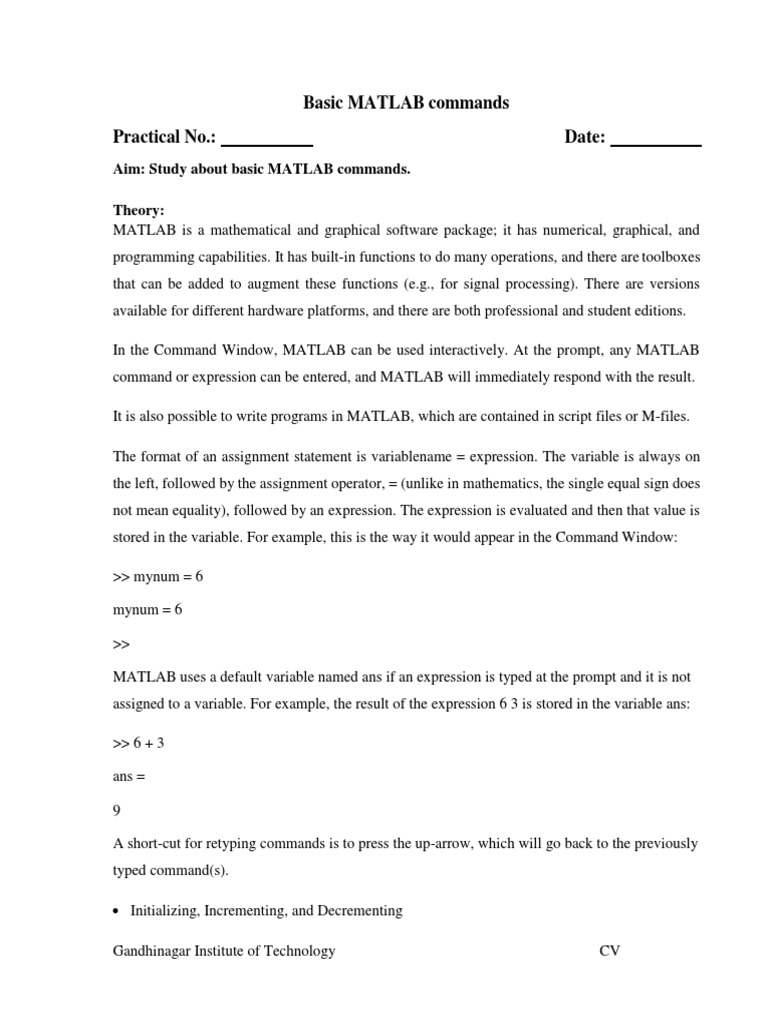 Basic MATLAB Commands Practical No.: Date | PDF | Control Flow | Matrix (Mathematics)