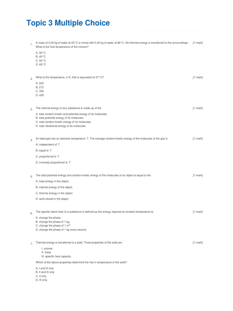 Topic 3 Multiple Choice | PDF | Gases | Temperature
