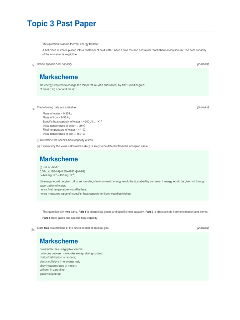 Topic 3 Past Paper: Markscheme | PDF | Gases | Heat Capacity