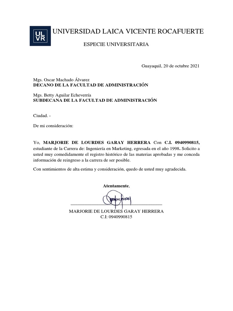 Solicitud Reingreso Ing Marketing Marjorie Lourdes Garay Herrera | PDF