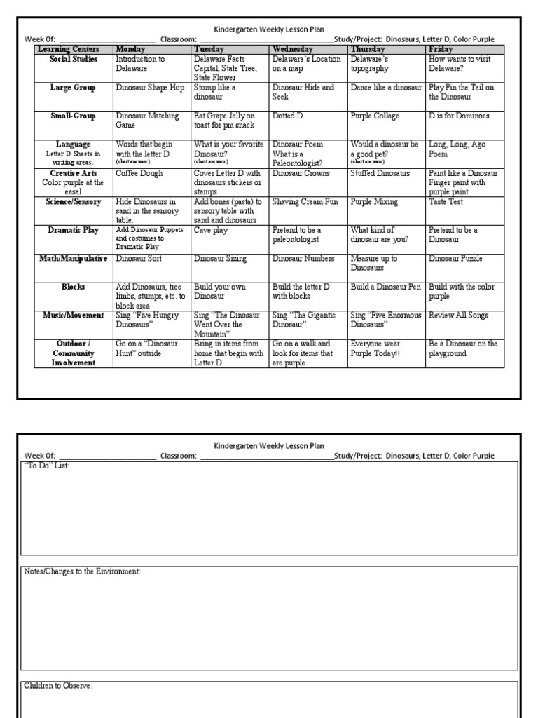 Kindergarten Weekly Lesson Plan Template | PDF | Dinosaurs