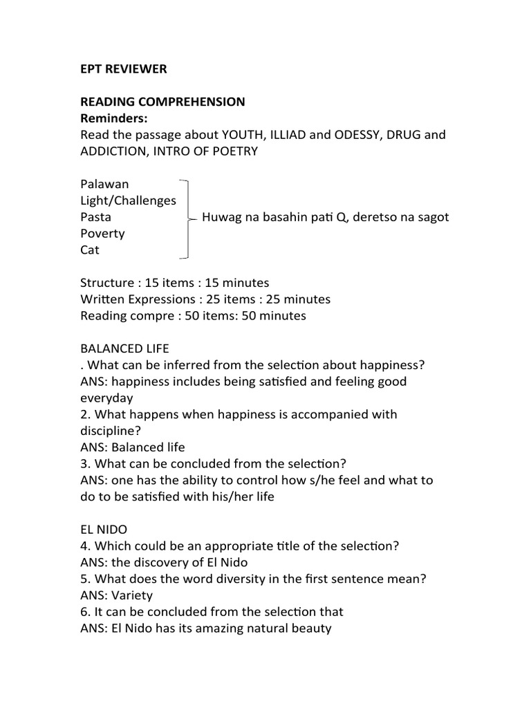 Review of the EPT Exam Format and Sample Questions on Various Topics ...