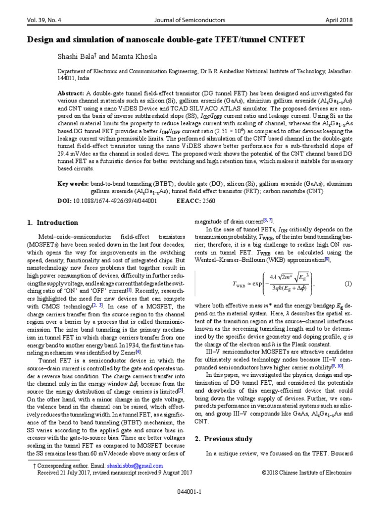 Design And Simulation Of Nanoscale Double Gate Tfet Tunnel Cntfet Pdf