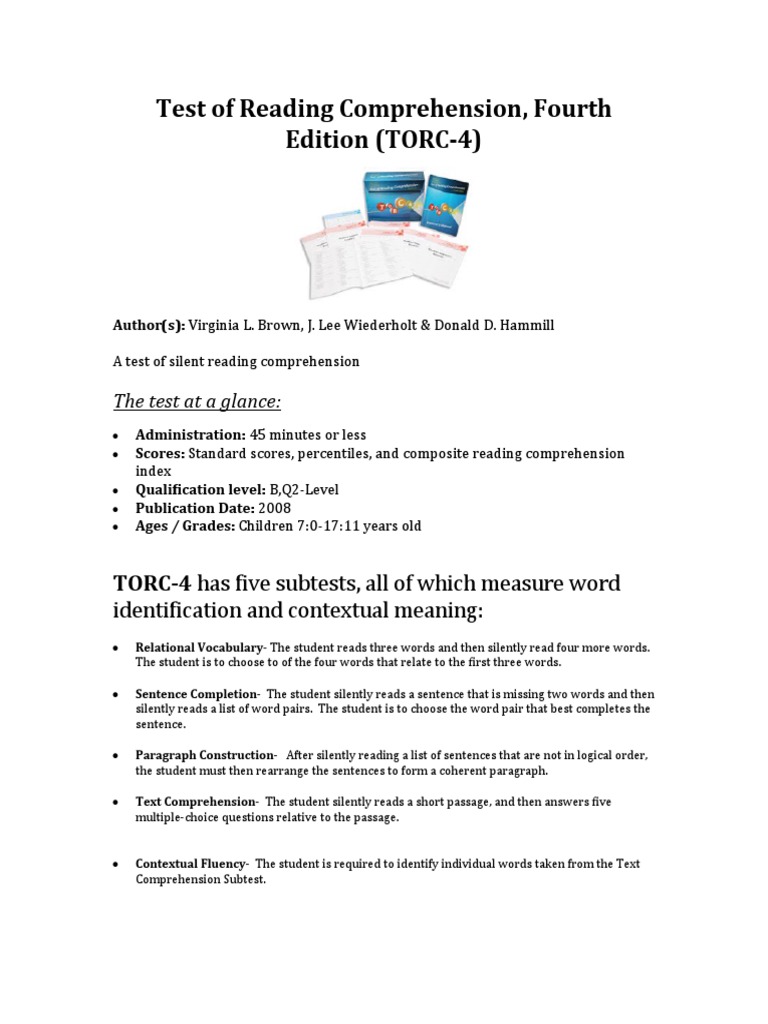 Test of Reading Comprehension, Fourth Edition (TORC-4) : TORC-4 Has ...