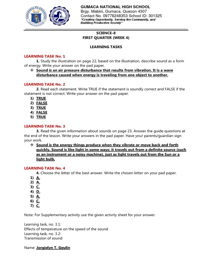 Q1 Science8 MELC 4 AnswerSheets | PDF