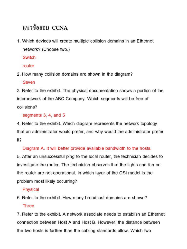 แนวข้อสอบ CCNA พร้อมเฉลย | PDF | Internet Protocol Suite | Computer Network